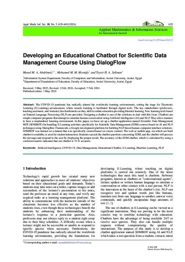(PDF) Developing an Educational Chatbot for Scientific Data Management Course Using DialogFlow