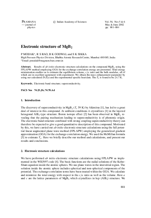 (PDF) Electronic structure of MgB2