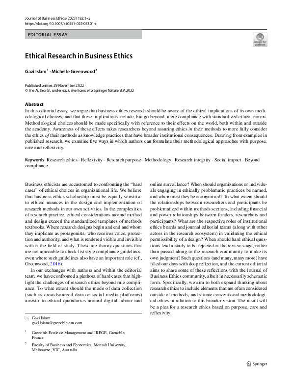 (PDF) Ethical Research in Business Ethics