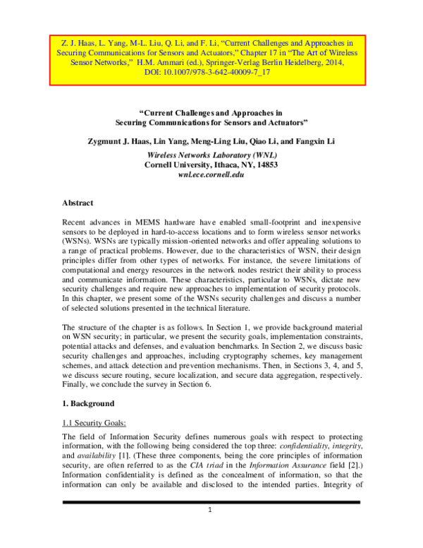 (PDF) Current Challenges and Approaches in Securing Communications for Sensors and Actuators