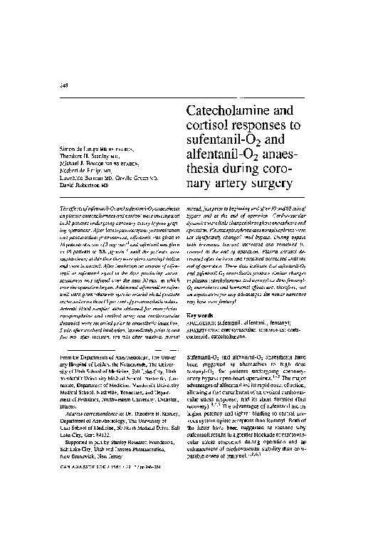(PDF) Catecholamine and cortisol responses to sufentanil-O2 and ...