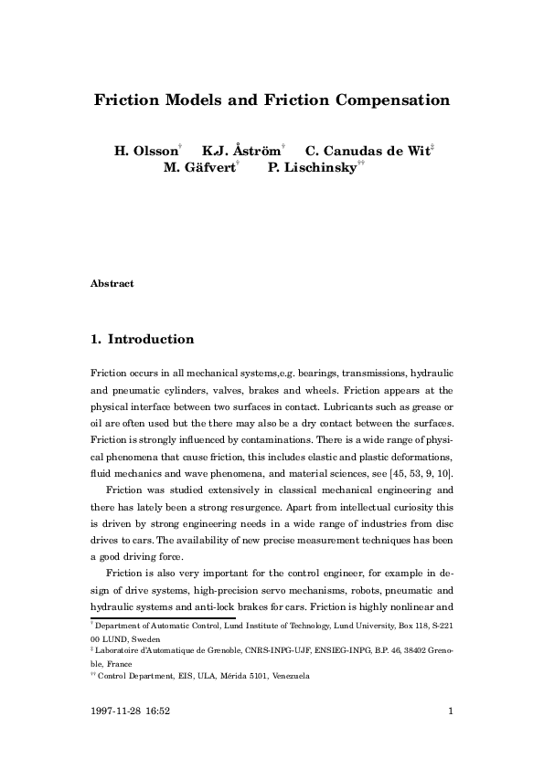 (PDF) Friction Models and Friction Compensation