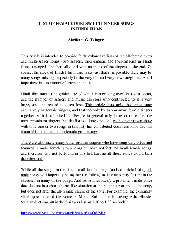 (PDF) LIST OF FEMALE DUETS AND MULTI-SINGER SONGS
