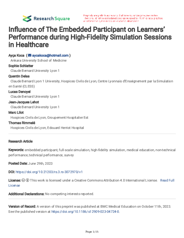 (PDF) Influence of The Embedded Participant on Learners’ Performance during High-Fidelity ...