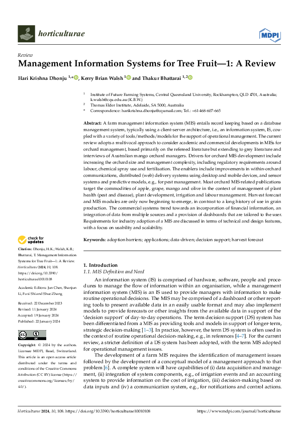 (PDF) Management Information Systems for Tree Fruit—1: A Review