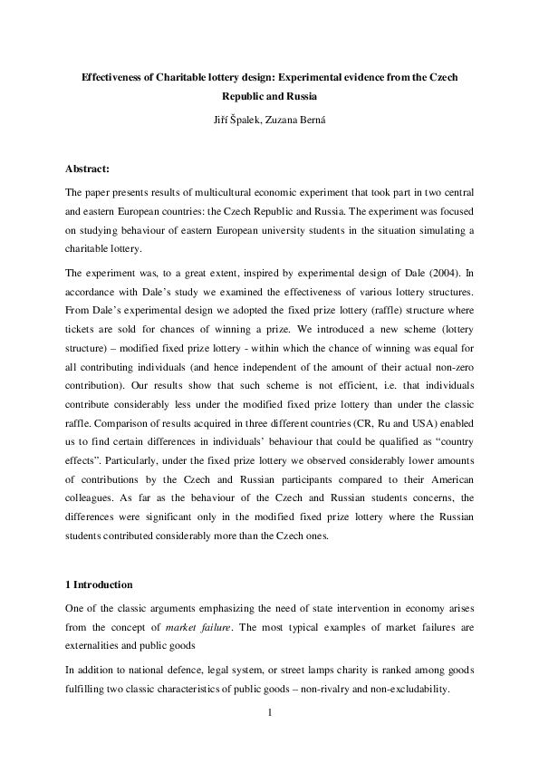 (PDF) Effectiveness of Charitable lottery design: Experimental evidence ...
