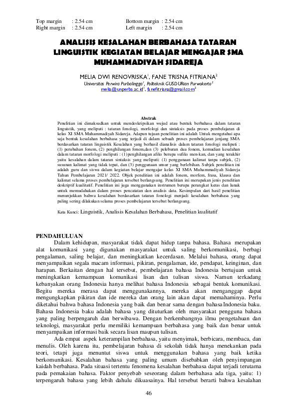 (PDF) Analisis Kesalahan Berbahasa Tataran Linguistik Kegiatan Belajar Mengajar Sma Muhammadiyah ...