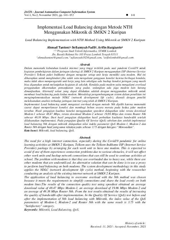 (PDF) Implementasi Load Balancing dengan Metode NTH Menggunakan Mikrotik di SMKN 2 Kuripan