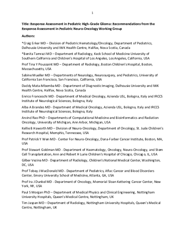 (PDF) Response assessment in paediatric high-grade glioma: recommendations from the Response ...