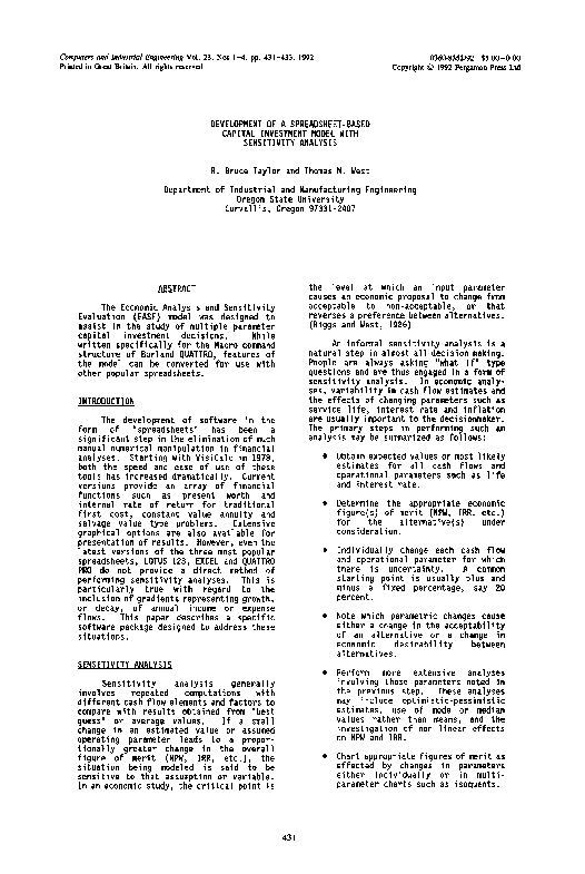 (PDF) Development of a spreadsheet-based capital investment model with sensitivity analysis