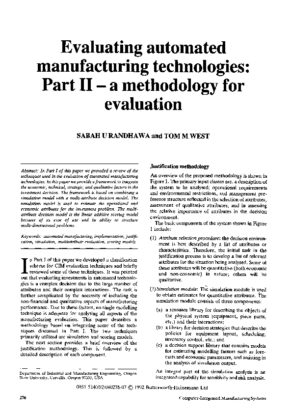 (PDF) Evaluating automated manufacturing technologies: Part II — a methodology for evaluation