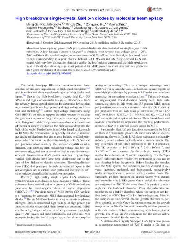 (PDF) High breakdown single-crystal GaN p-n diodes by molecular beam epitaxy