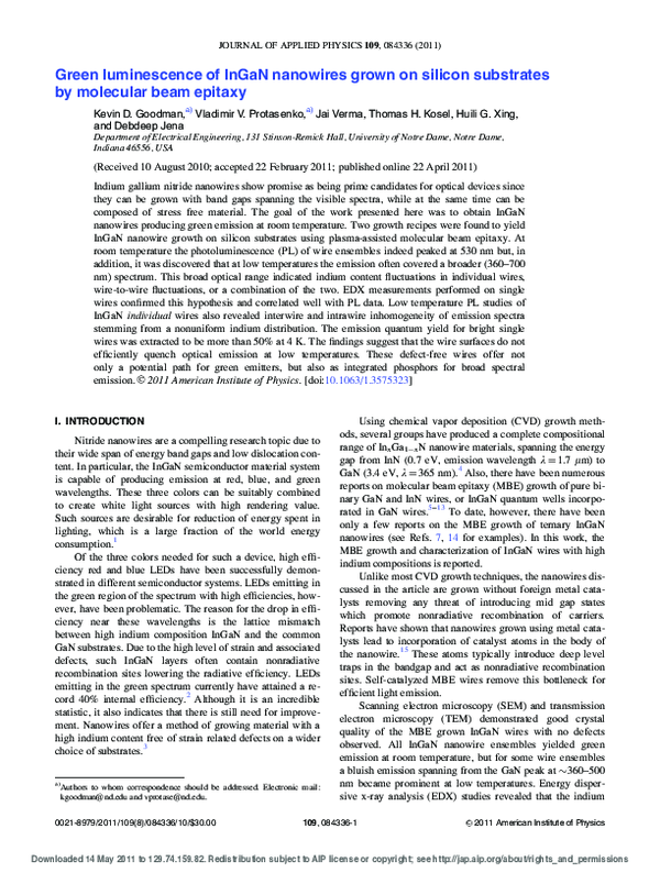 (PDF) Green luminescence of InGaN nanowires grown on silicon substrates ...