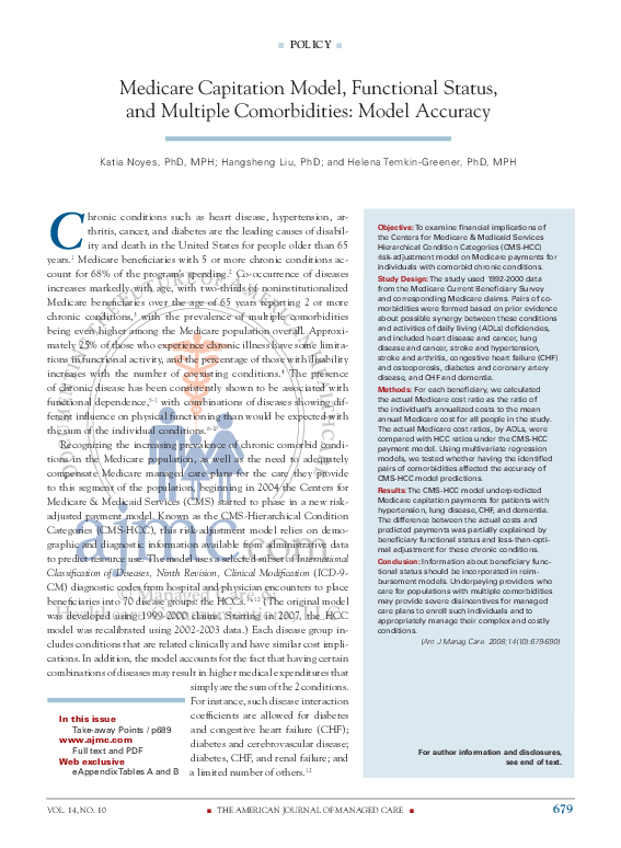 (PDF) Medicare Capitation Model, Functional Status, and Multiple ...