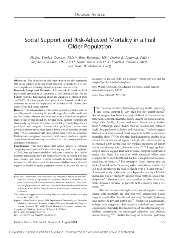 (PDF) Social Support and Risk-Adjusted Mortality in a Frail Older ...
