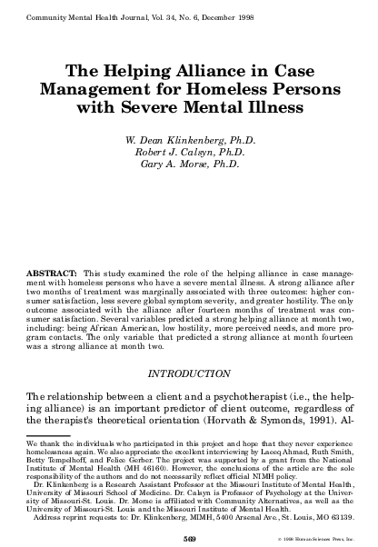 (PDF) The Helping Alliance in Case Management for Homeless Persons with ...