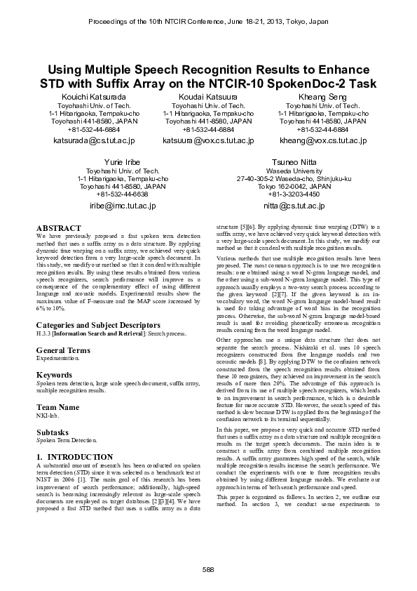 (PDF) Using Multiple Speech Recognition Results to Enhance STD with Suffix Array on the NTCIR-10 ...
