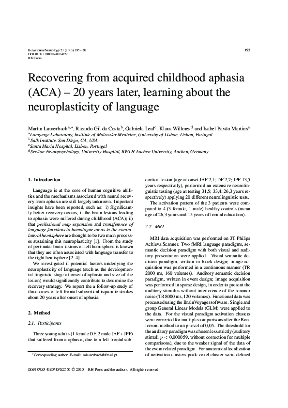 (PDF) Recovering from Acquired Childhood Aphasia (ACA)–20 Years Later ...