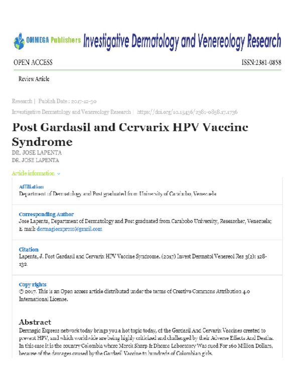 (PDF) Post Gardarsil and Cervarix HPV vaccine syndrome