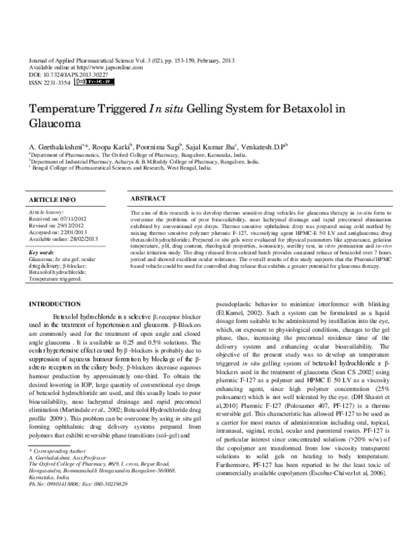 (PDF) Temperature Triggered In situ Gelling System for Betaxolol in ...
