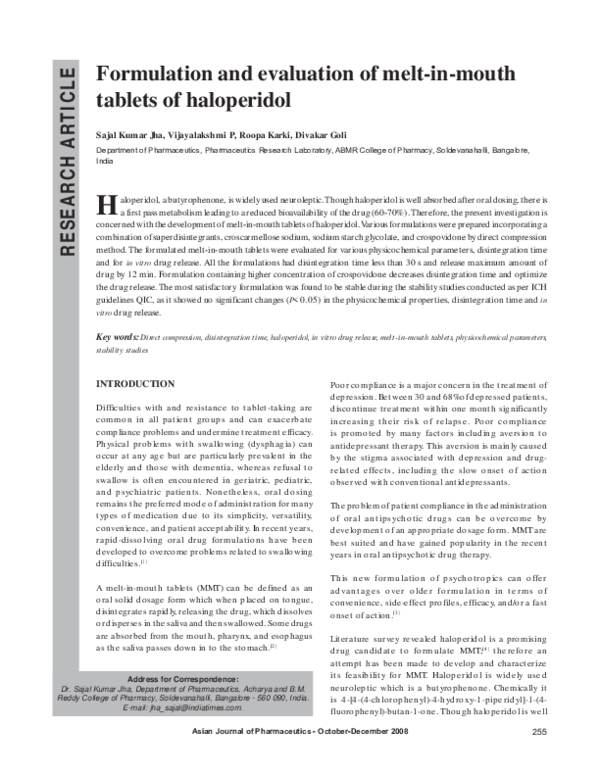 (PDF) Formulation and evaluation of melt-in-mouth tablets of haloperidol