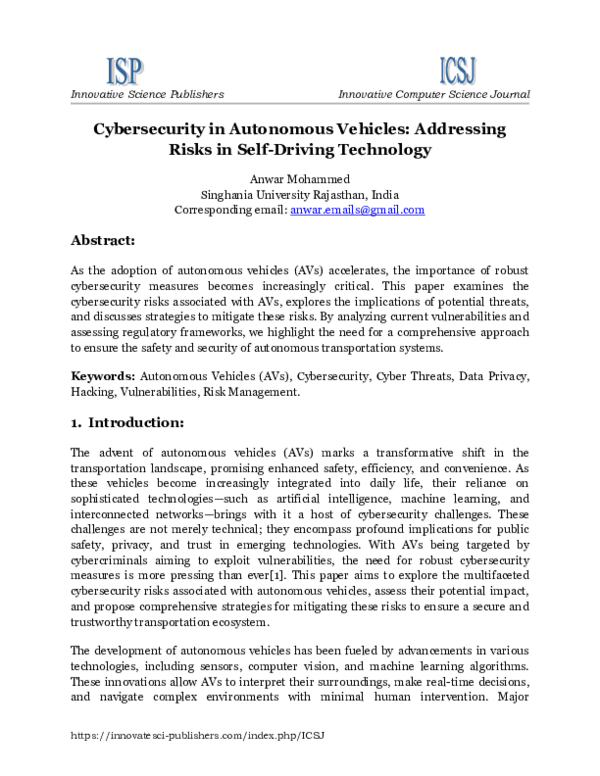 (PDF) Cybersecurity in Autonomous Vehicles: Addressing Risks in Self-Driving Technology