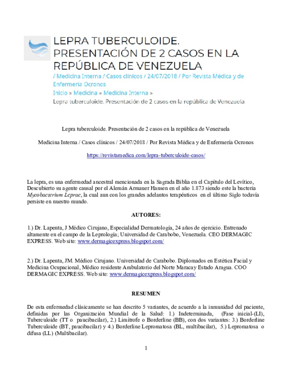(PDF) Lepra Tuberculoide, presentacion de dos casos en la Republica de Venezuela y revision de ...