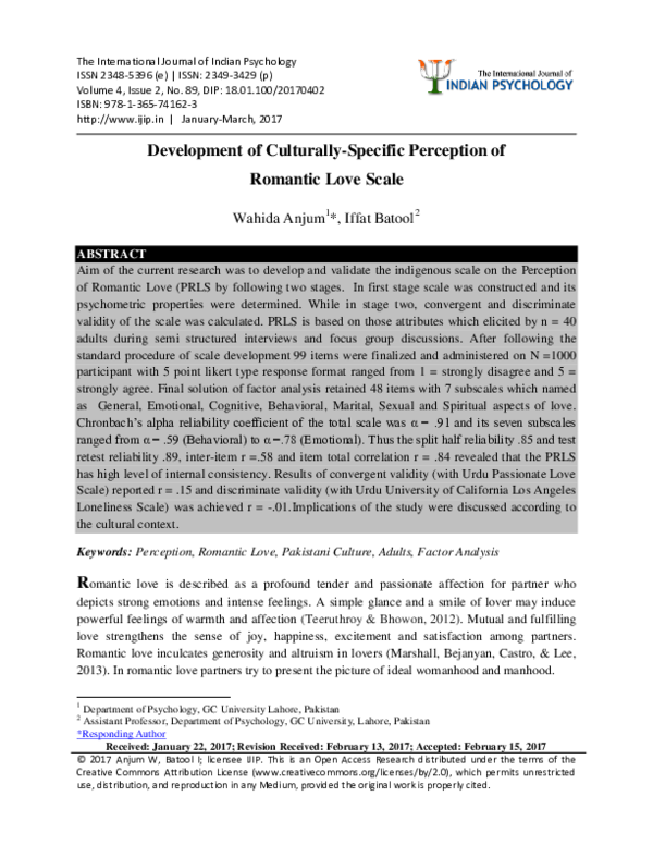 (PDF) Development of Culturally-Specific Perception of Romantic Love Scale