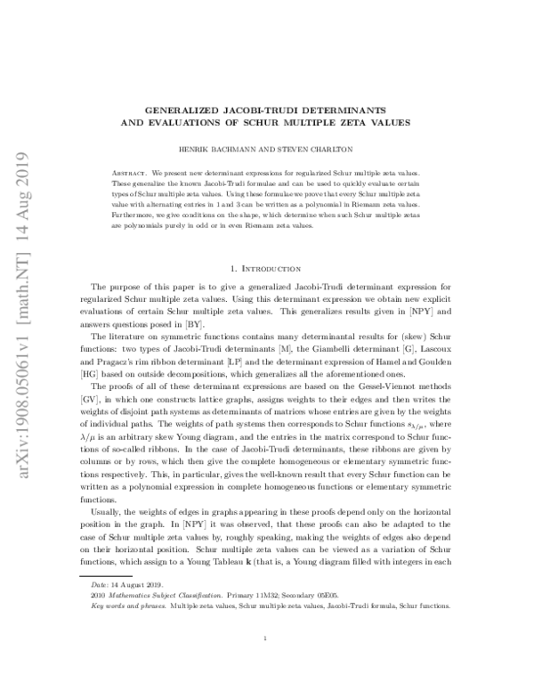 (PDF) Generalized Jacobi-Trudi determinants and evaluations of Schur multiple zeta values