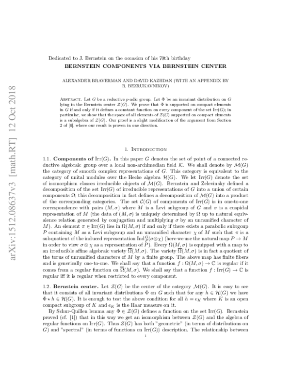 (PDF) Bernstein components via the Bernstein center