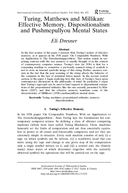 (PDF) Turing, Matthews and Millikan: Effective Memory, Dispositionalism ...