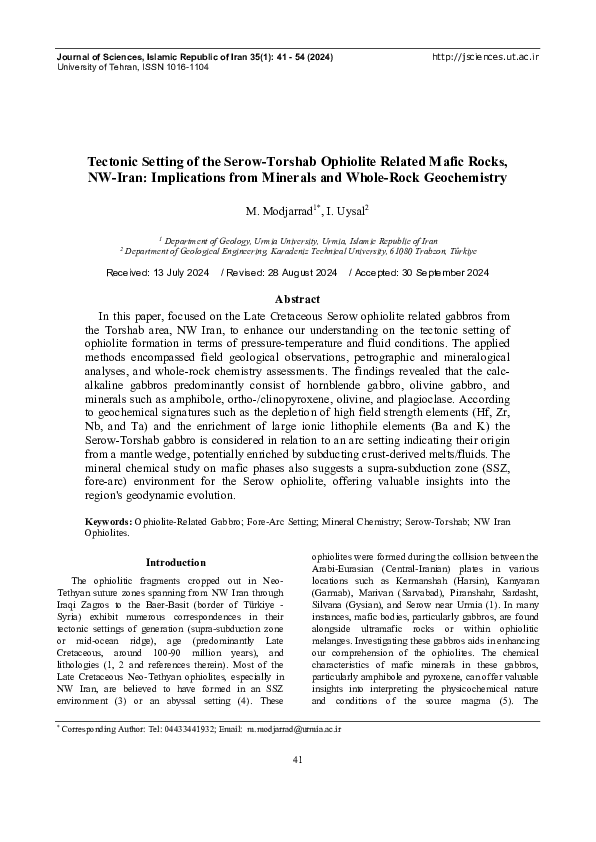 (PDF) Tectonic Setting of the Serow-Torshab Ophiolite Related Mafic Rocks, NW-Iran: Implications ...