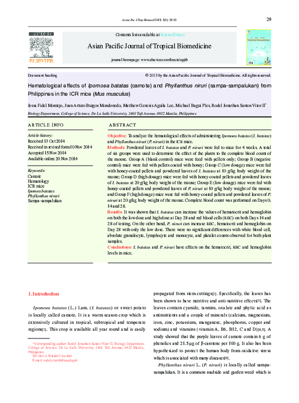 (PDF) Hematological effects of Ipomoea batatas (camote) and Phyllanthus ...