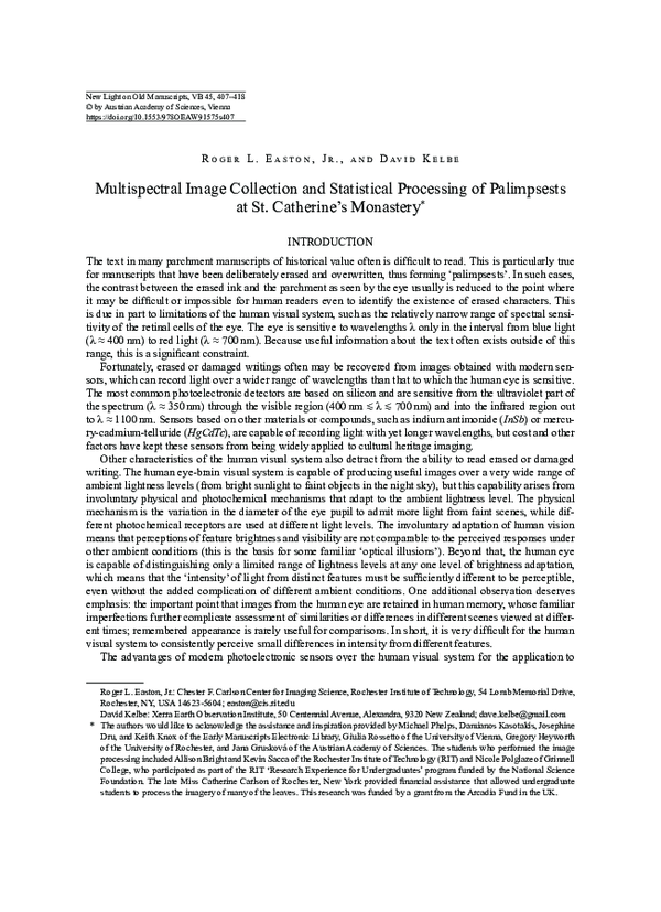 Multispectral Image Collection and Statistical Processing of Palimpsests at St. Catherine’s ...