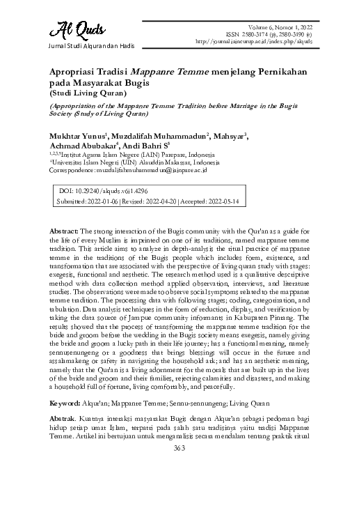 (PDF) Apropriasi Tradisi Mappanre Temme menjelang Pernikahan pada ...