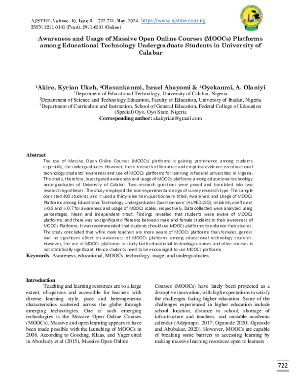 (PDF) Awareness and Usage of Massive Open Online Courses (MOOCs) Platforms among Educational ...