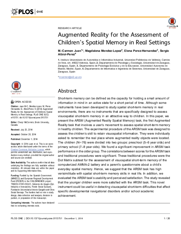(PDF) Augmented Reality for the Assessment of Children's Spatial Memory in Real Settings