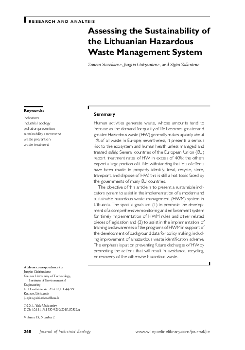 (PDF) Assessing the Sustainability of the Lithuanian Hazardous Waste ...