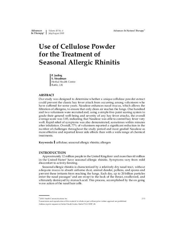(PDF) Use of cellulose powder for the treatment of seasonal allergic ...
