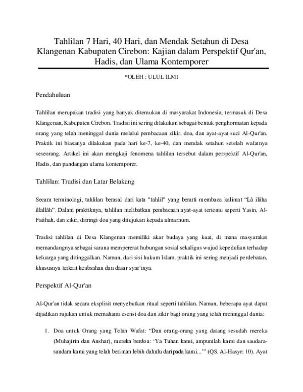 (PDF) Tahlilan 7 Hari, 40 Hari, dan Mendak Setahun di Desa Klangenan Kabupaten Cirebon: Kajian ...