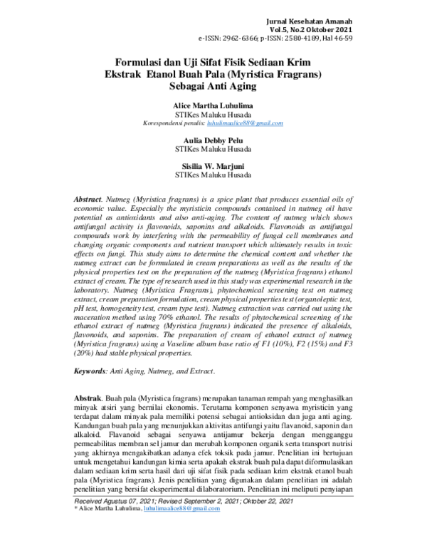 (PDF) Formulasi dan Uji Sifat Fisik Sediaan Krim Ekstrak Etanol Buah Pala (Myristica Fragrans ...
