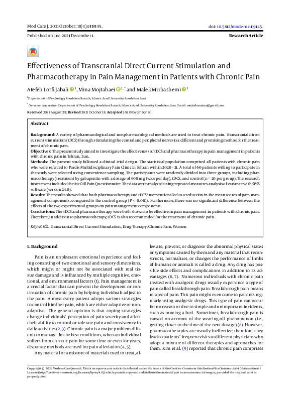 (PDF) Effectiveness of Transcranial Direct Current Stimulation and Pharmacotherapy in Pain ...