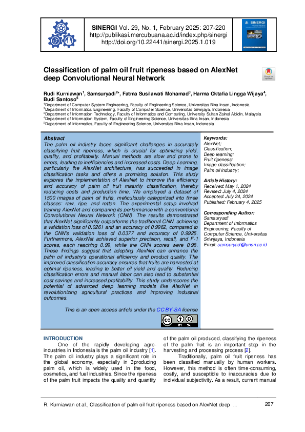 (PDF) Classification of palm oil fruit ripeness based on AlexNet deep Convolutional Neural Network