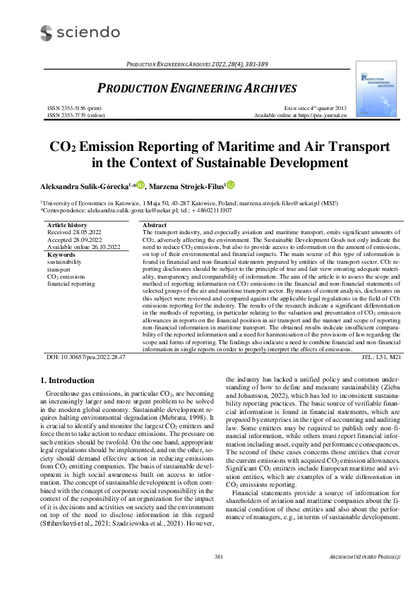 (PDF) CO2 Emission Reporting of Maritime and Air Transport in the Context of Sustainable Development
