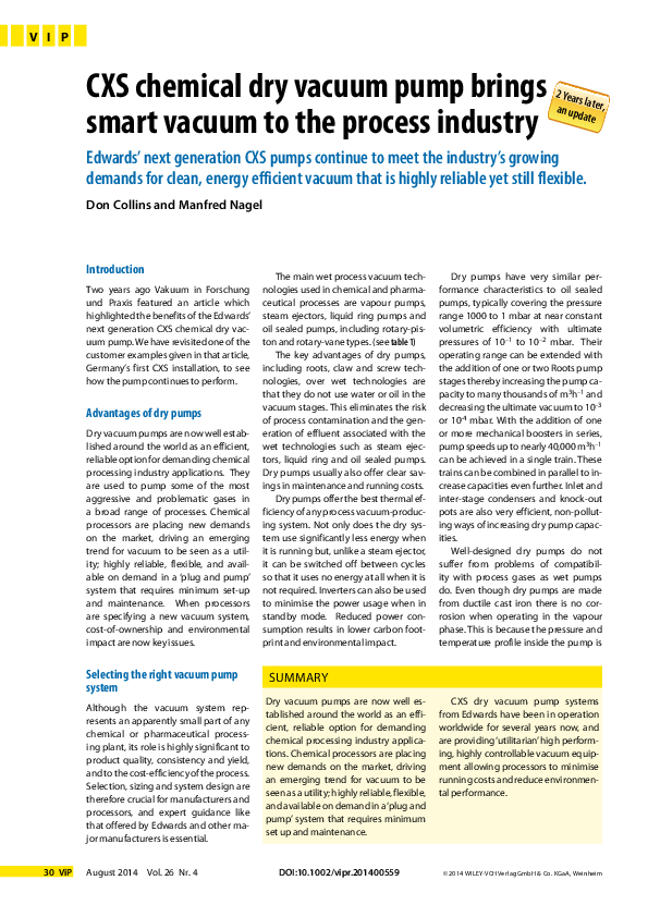 (PDF) CXS chemical dry vacuum pump brings smart vacuum to the process industry