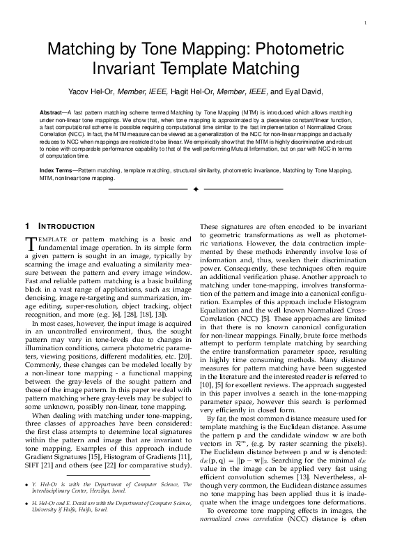 (PDF) Matching by Tone Mapping: Photometric Invariant Template Matching
