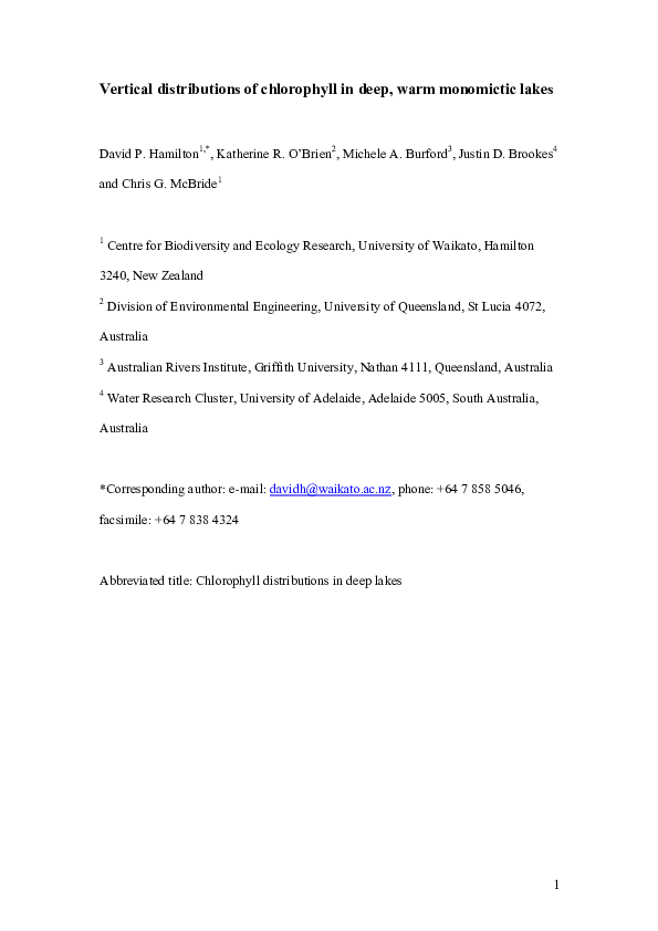 (PDF) Vertical distributions of chlorophyll in deep, warm monomictic lakes