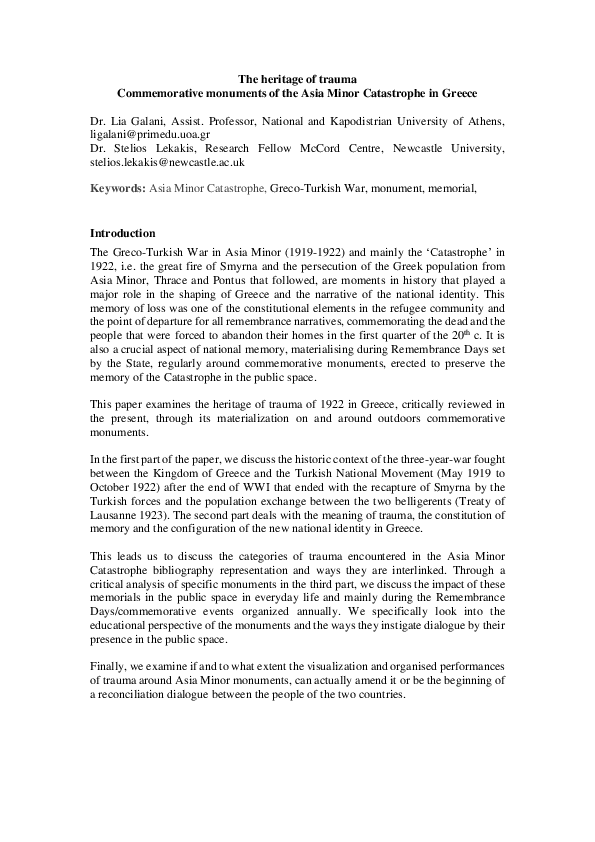 (PDF) The Heritage of Trauma: Commemorative Monuments of the Asia Minor ...