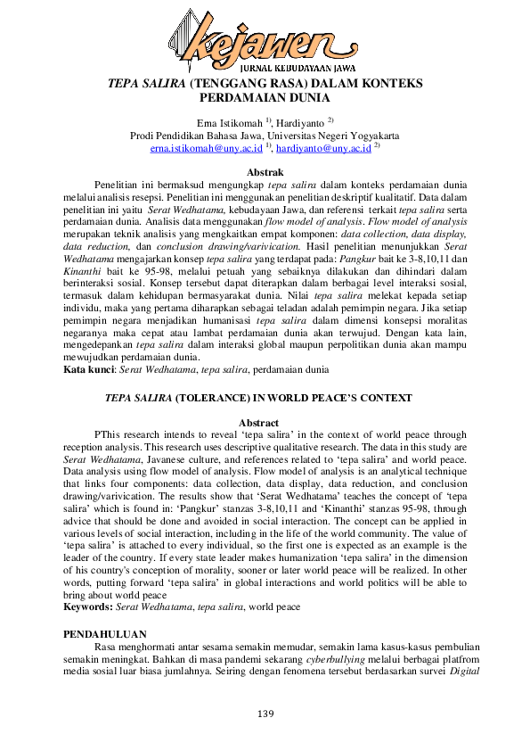 (PDF) Tepa salira (tenggang rasa) dalam konteks perdamaian dunia