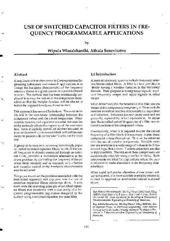(PDF) Use of Switched Capacitor Filters in Frequency Programmable Applications by Wipula ...